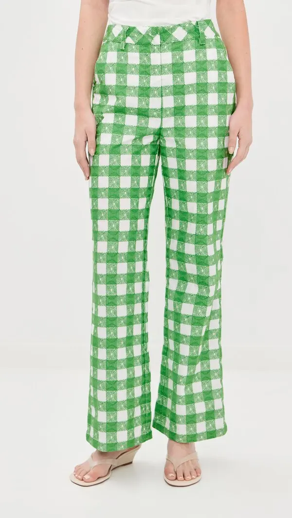 Rosie Assoulin Easy Does It" Gingham Check Textured Pants - Grass Green