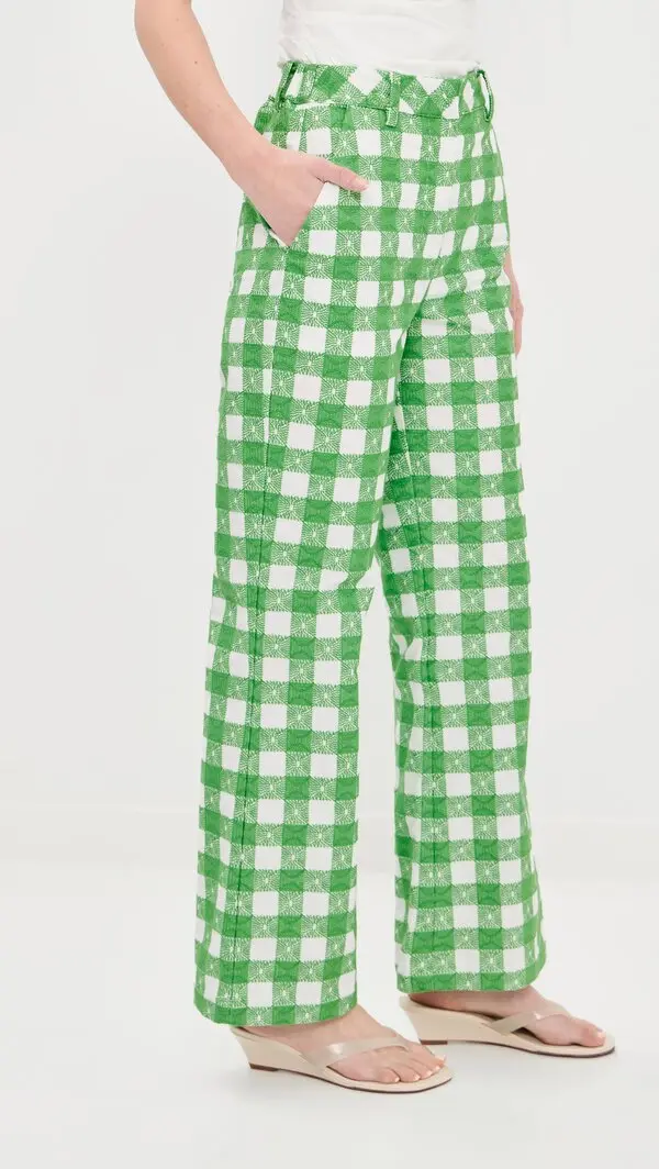 Rosie Assoulin Easy Does It" Gingham Check Textured Pants - Grass Green