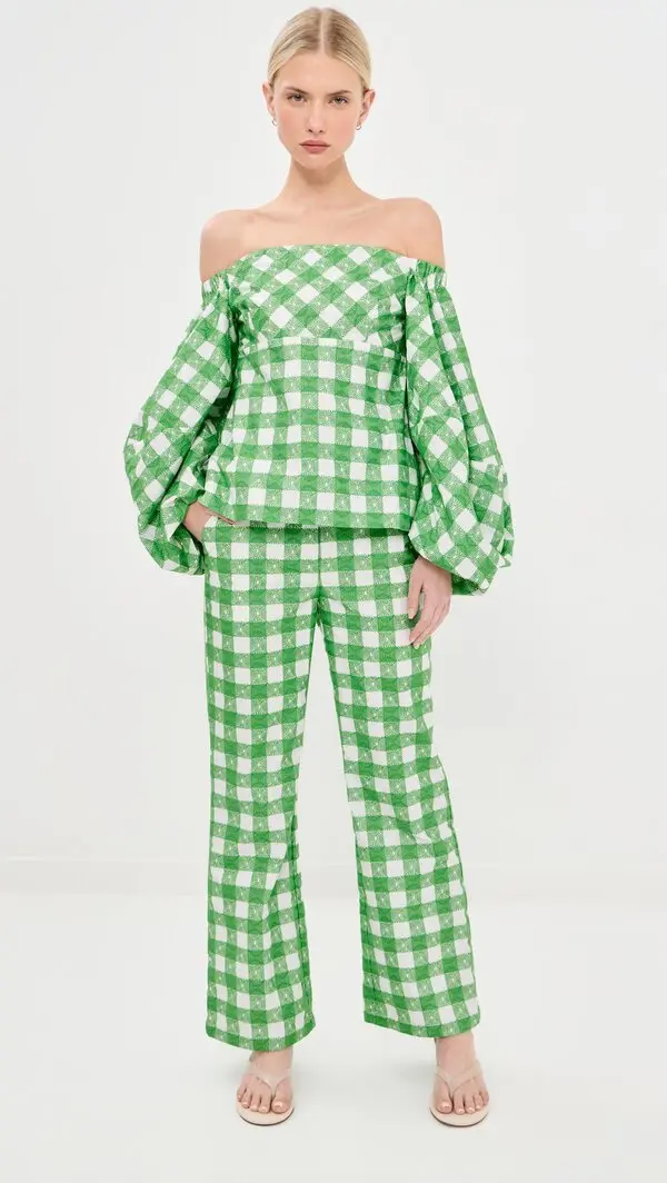 Rosie Assoulin Easy Does It" Gingham Check Textured Pants - Grass Green