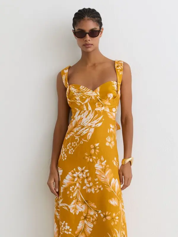 REISS Addison Linen Floral-print Midi Dress - Yellow