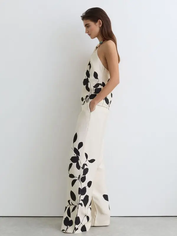 REISS Jacquard Printed Wide-leg Trousers - Ivory/black
