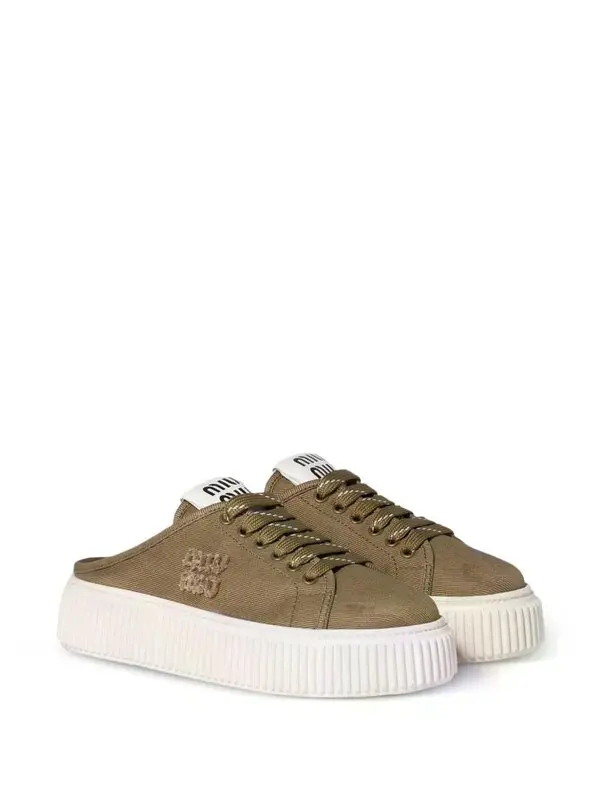 Miu Miu Embroidered Denim Flatform Sneaker Mules