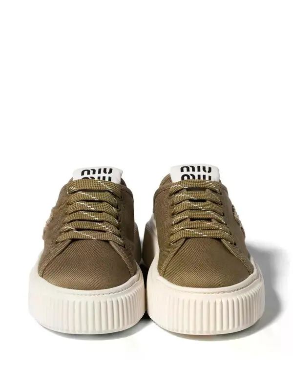 Miu Miu Embroidered Denim Flatform Sneaker Mules