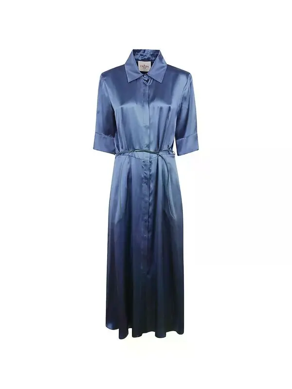 CRIDA MILANO Collared Belted Midi Dress - Blue