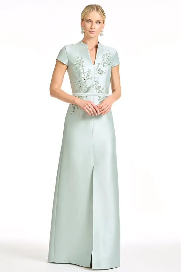 Sachin & Babi Embellished Mikado A-line Gown - Celadon