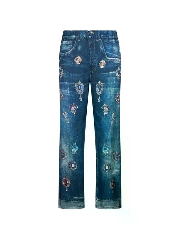 Liu Jo Straight Leg Trousers With Digital Print And Embellishments