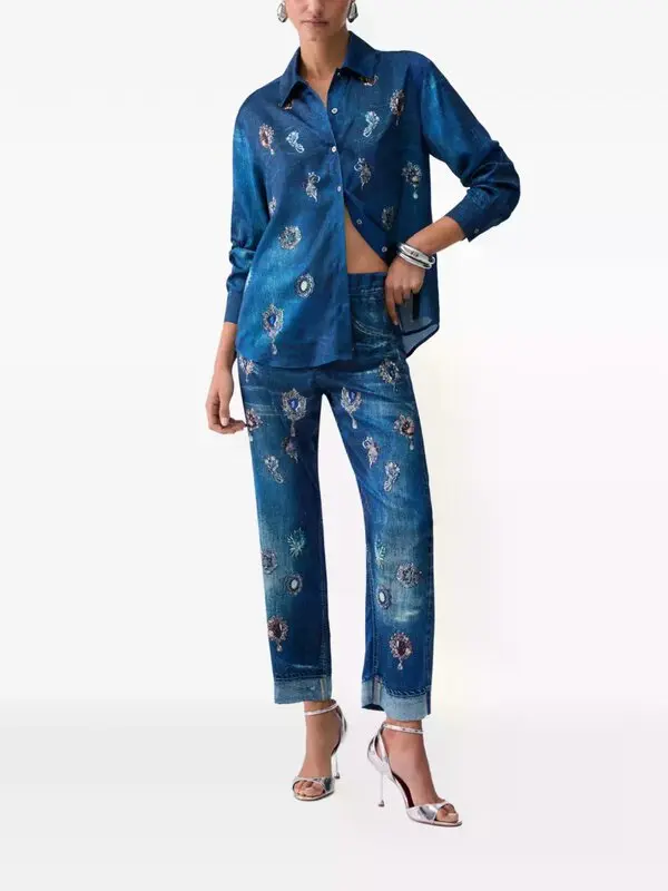Liu Jo Straight Leg Trousers With Digital Print And Embellishments