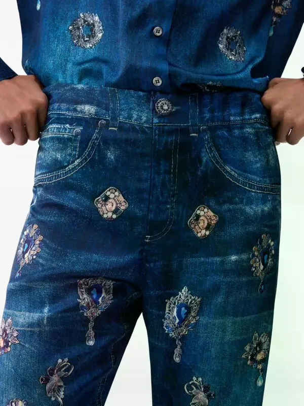 Liu Jo Straight Leg Trousers With Digital Print And Embellishments