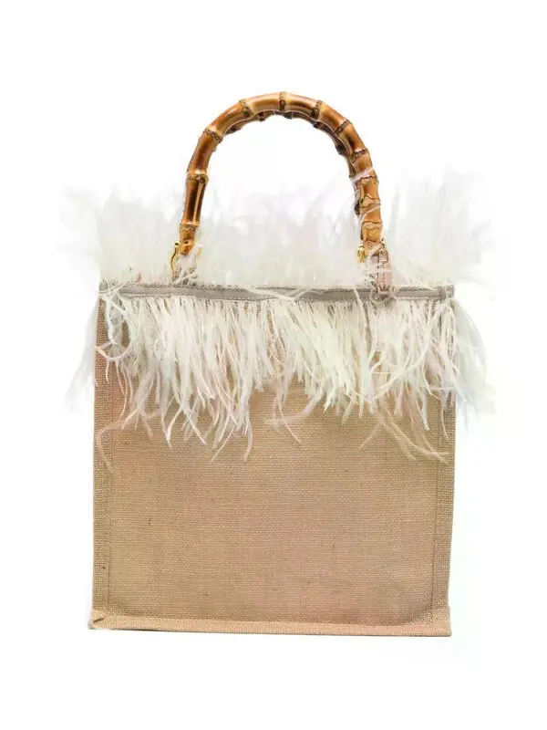 LA MILANESA Feather-trim Bamboo-handle Tote Bag