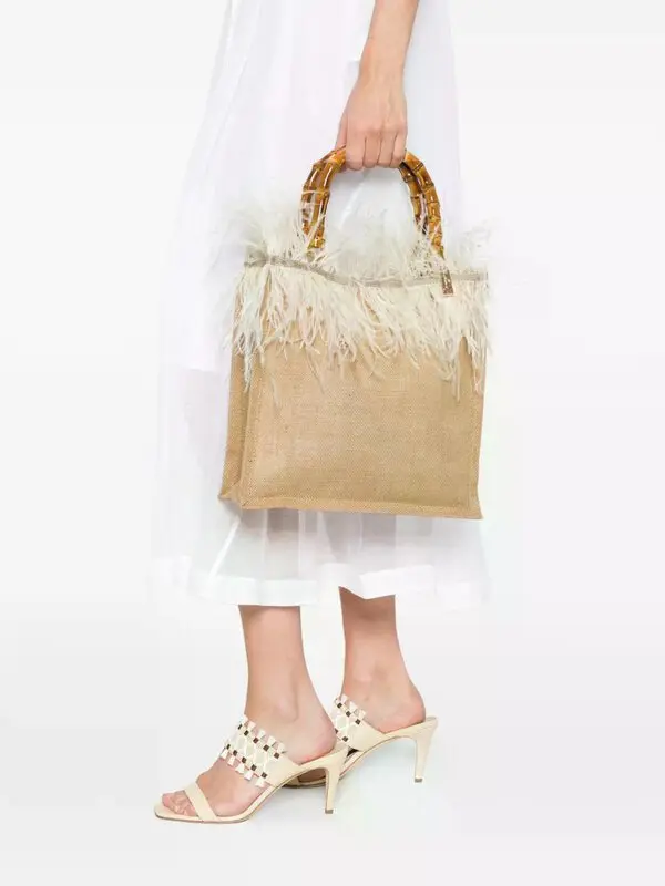 LA MILANESA Feather-trim Bamboo-handle Tote Bag