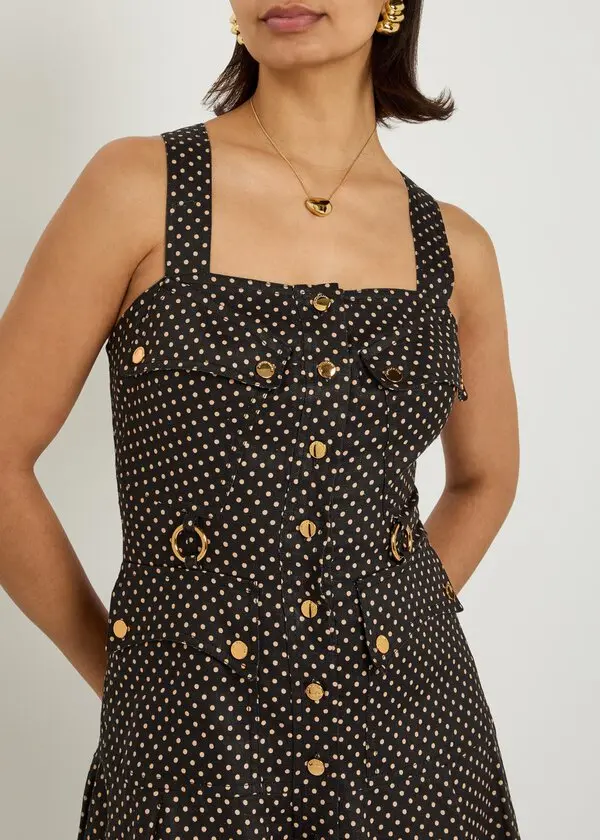 Zimmermann Luna Polka-Dot Linen Midi Dress - Black | Editorialist