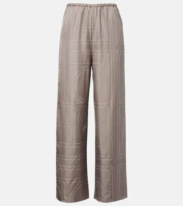 TOTEME Monogram Silk Twill Pajama Pants - Grey