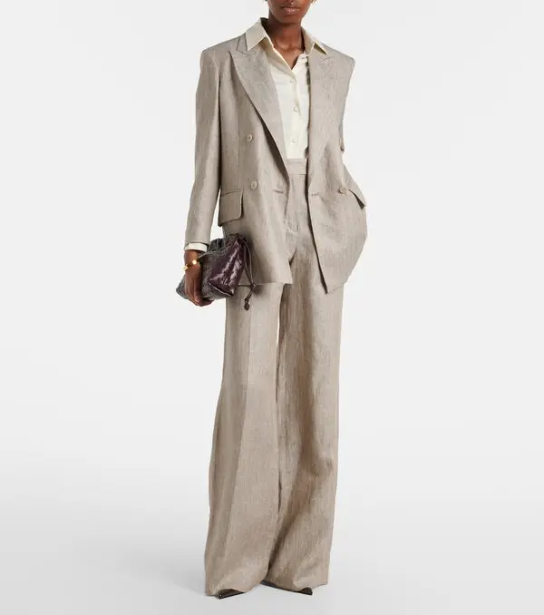 Max Mara Deserto Herringbone Linen Wide-leg Pants - Beige