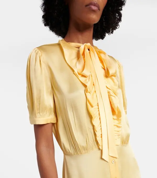 Prada Ruffled Tie-neck Satin Midi Dress - Yellow