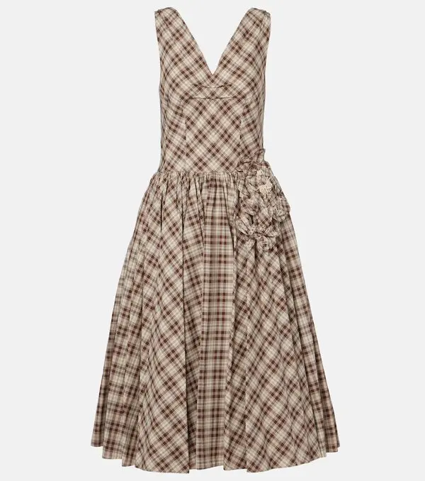 Prada Checked Cotton Poplin Midi Dress - Brown