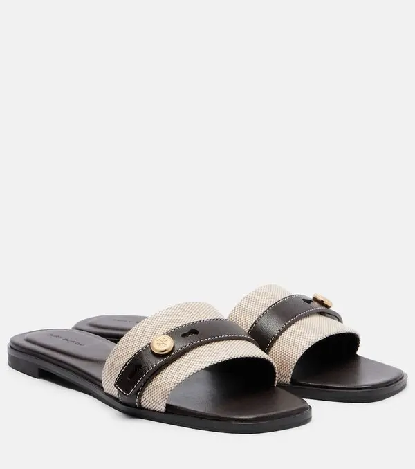 Tory Burch Romy Canvas And Leather Slides - Beige