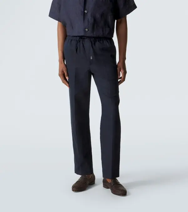 Brioni Straight Linen And Cotton Pants - Blue