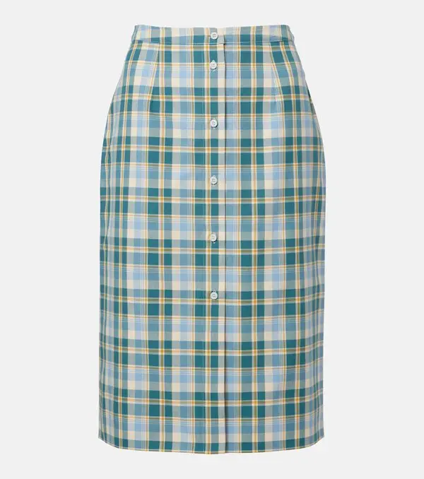 Prada Plaid Cotton Poplin Pencil Skirt - Blue