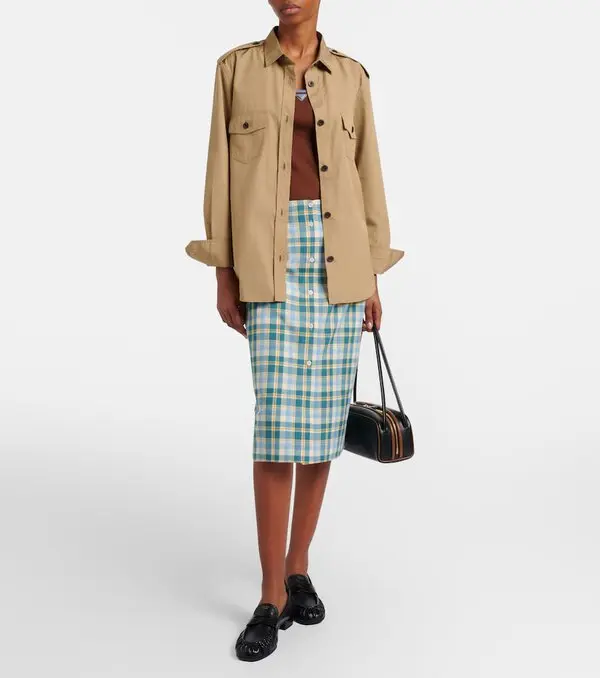 Prada Plaid Cotton Poplin Pencil Skirt - Blue