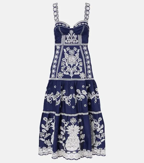 Farm Rio Embroidered Cotton Midi Dress - Blue