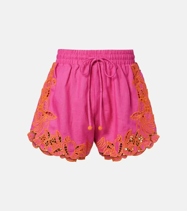 Farm Rio Embroidered Linen Shorts - Pink