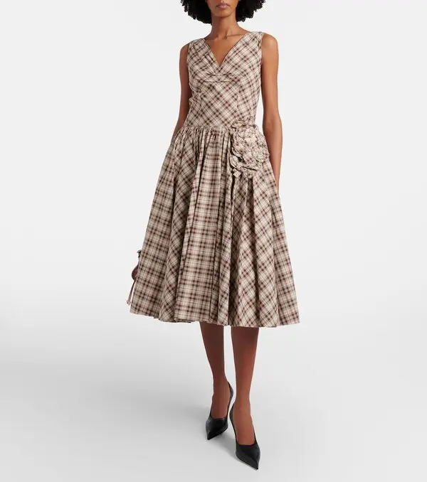 Prada Checked Cotton Poplin Midi Dress - Brown