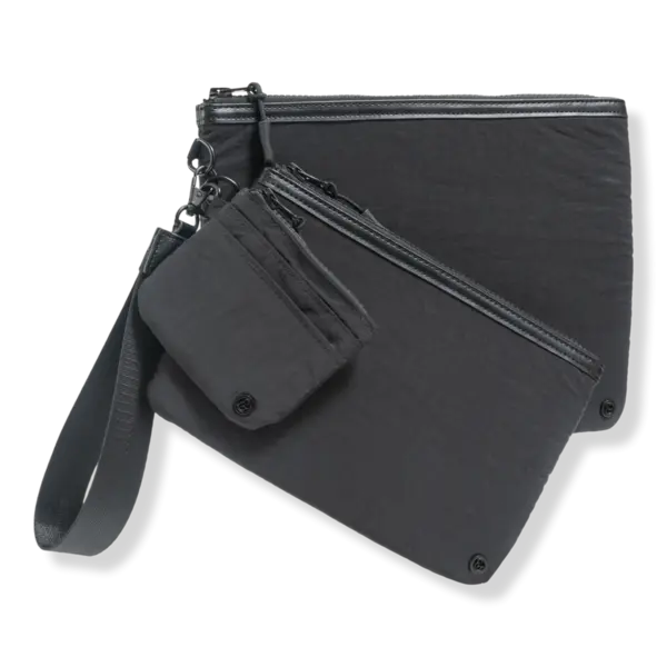 Joan & David Nylon Pouch Set With Wristlet, Card Case, And Keychain Lanyard - Black
