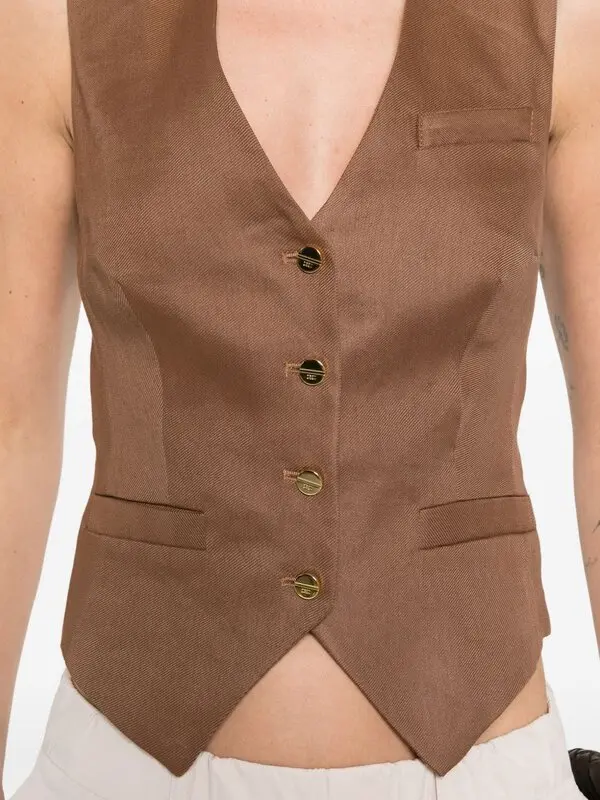 Elisabetta Franchi Linen-blend Button Detailed Vest - Brown