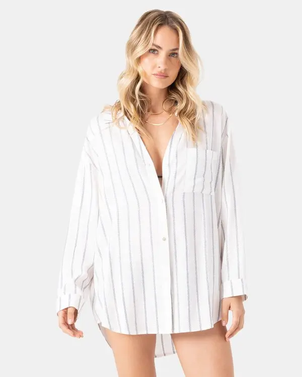 Roxy After Surf Stripe Cover Up Shirt Dress Kaftan - Egret
