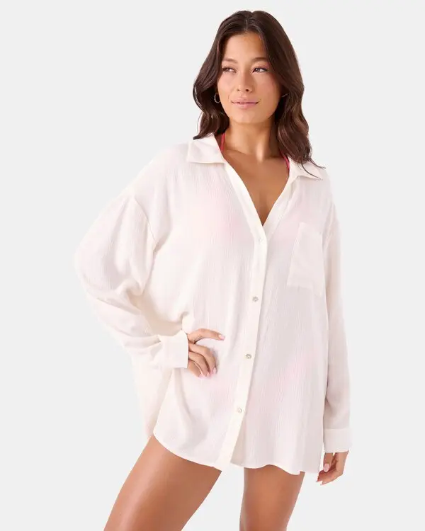 Roxy Crinkle Long Sleeve Shirt - Egret