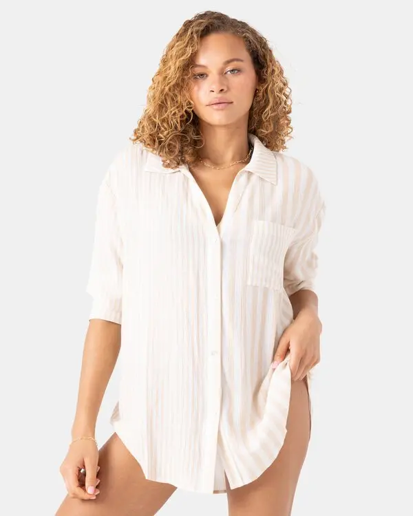 Roxy Stripe Out Shirt Dress - Egret