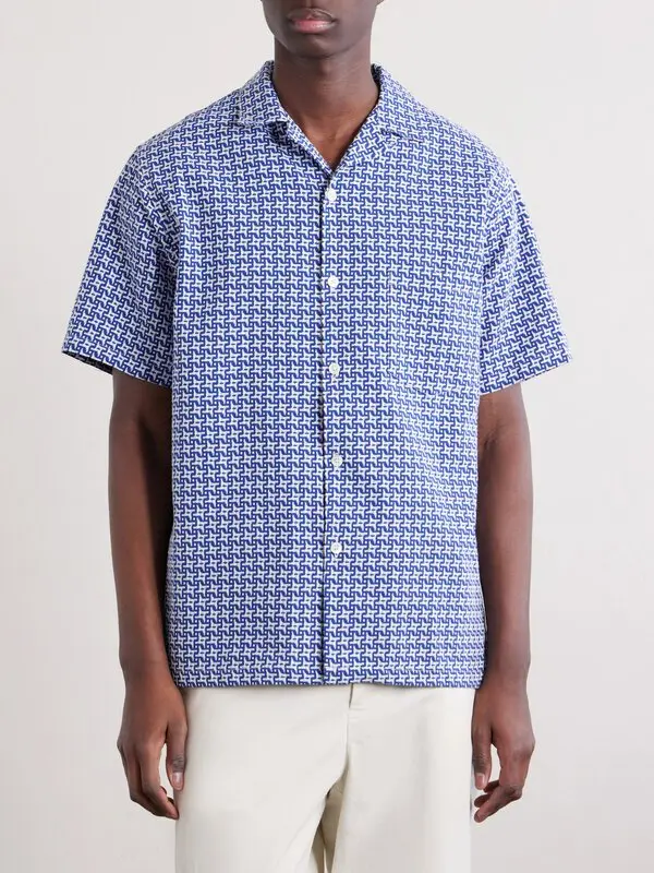 Portuguese Flannel Soul Convertible-collar Printed Cotton Shirt - Blue