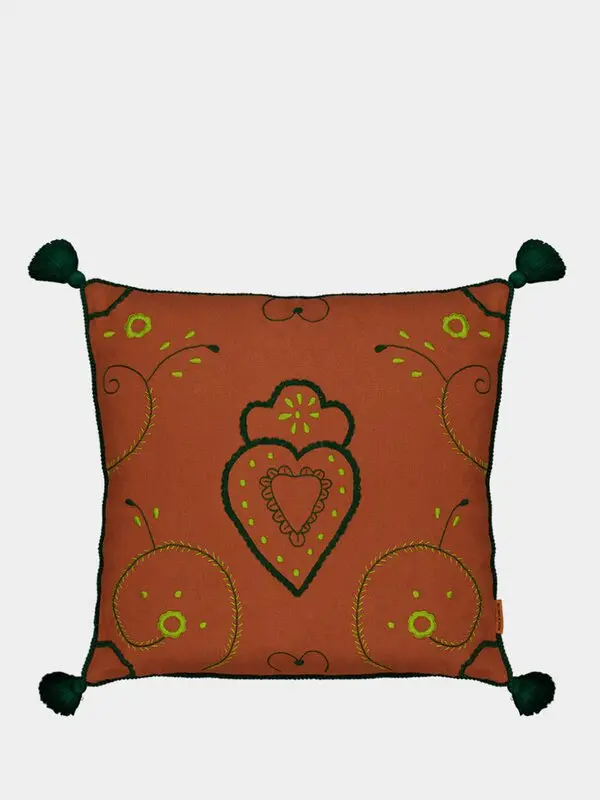 HOUSE OF CAPRICORN Hand-embroidered Viana Brick Linen With Green Embroidery Cushion - Orange