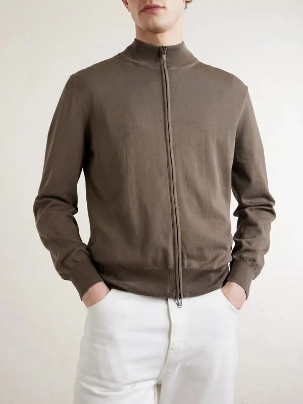 Canali Slim-fit Cotton Zip-up Sweater - Brown