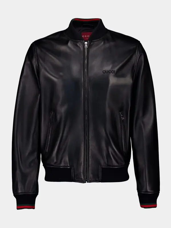 Gucci Leather Bomber Jacket With Web - Black