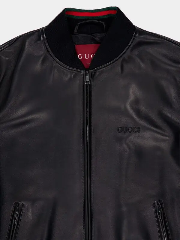 Gucci Leather Bomber Jacket With Web