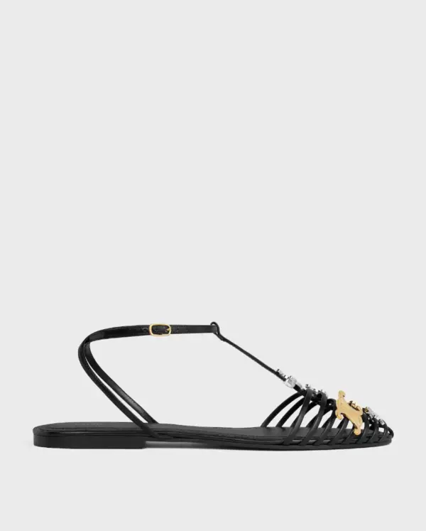 Celine Cage Flat Sandal In Goatskin - Black
