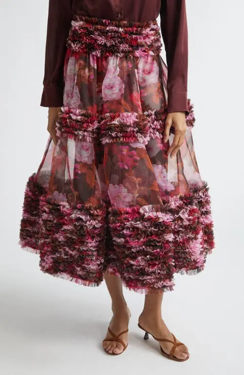 Zimmermann Kindred Spirit Luna Ruffle Silk Organza Midi Skirt - Chocolate Rose