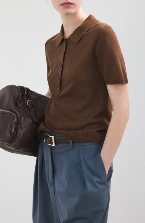 Mango Short Sleeve Jersey Polo Sweater - Chocolate