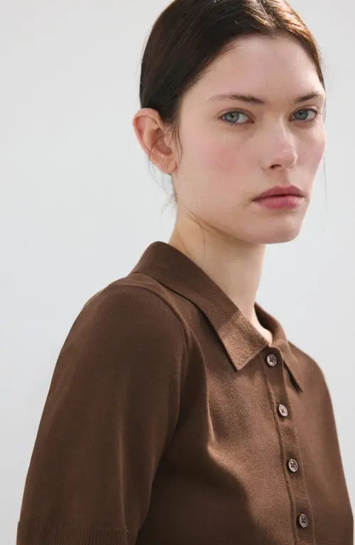 Mango Short Sleeve Jersey Polo Sweater - Chocolate