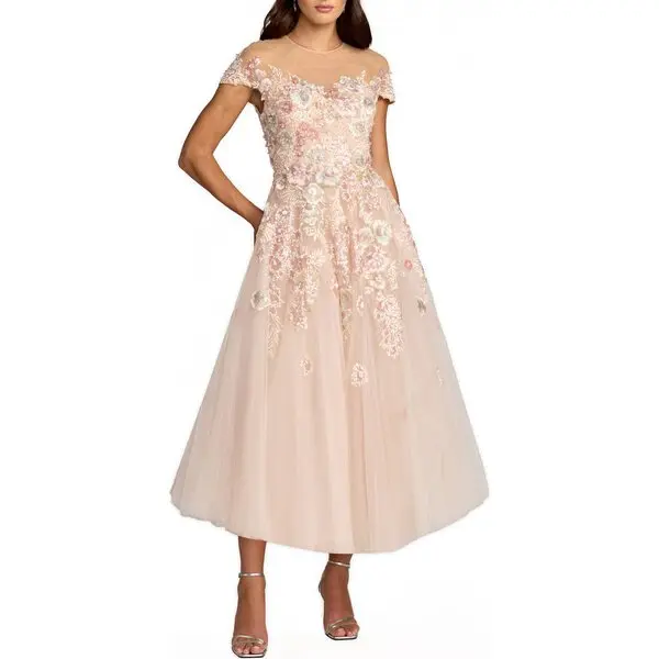 Mac Duggal Embroidered Tulle Gown With Illusion Neckline - Blush Multi