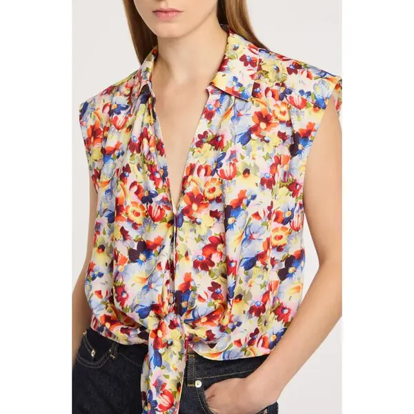 Cinq À Sept Wildflower Bunch Tie Front Crop Button-up Shirt - Gardenia Multi