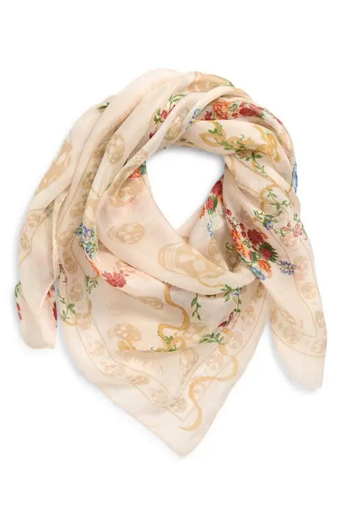 Alexander McQueen Floral Skull Silk Chiffon Scarf - Ivory/beige
