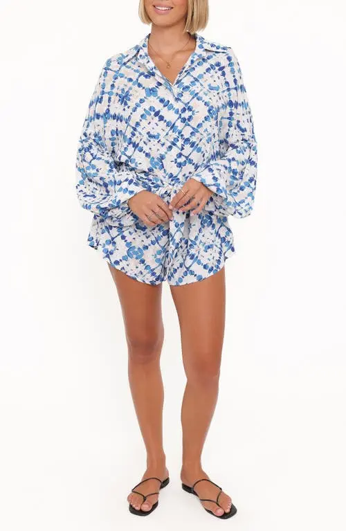 PETAL & PUP Tansy Abstract Print Long Sleeve Romper - Blue Diamond