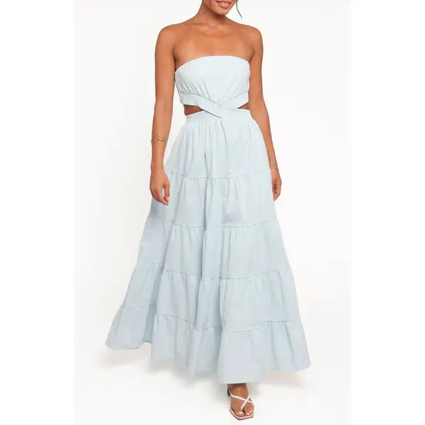 PETAL & PUP Cadence Cutout Strapless Tiered Maxi Dress - Blue