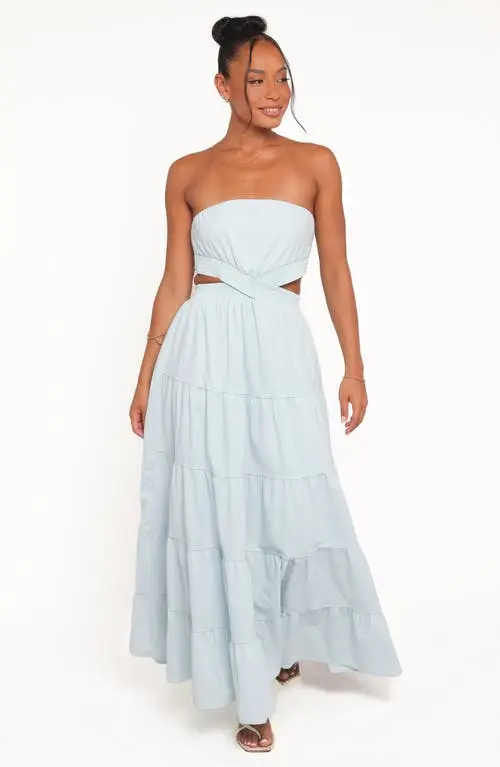 PETAL & PUP Cadence Cutout Strapless Tiered Maxi Dress