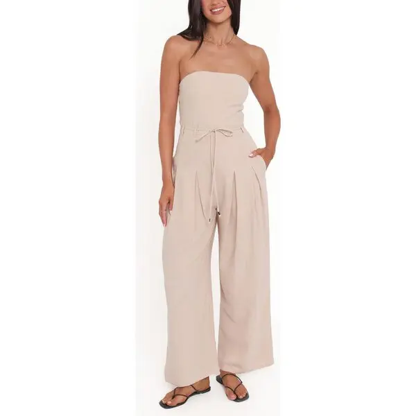 PETAL & PUP Calliope Strapless Tie Waist Jumpsuit - Wheat