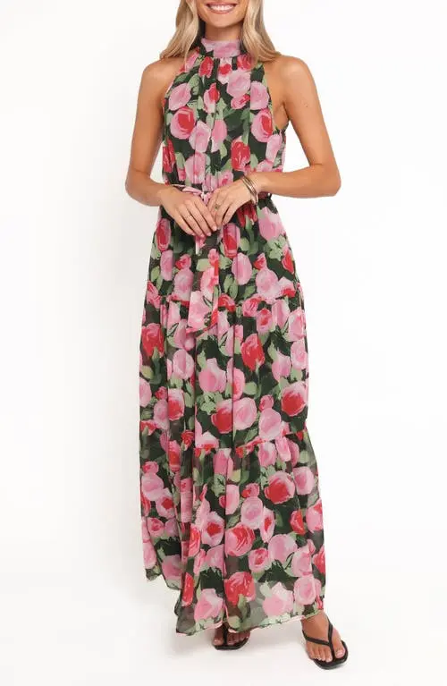 PETAL & PUP Caroline Floral Halter Neck Maxi Dress - Black Floral