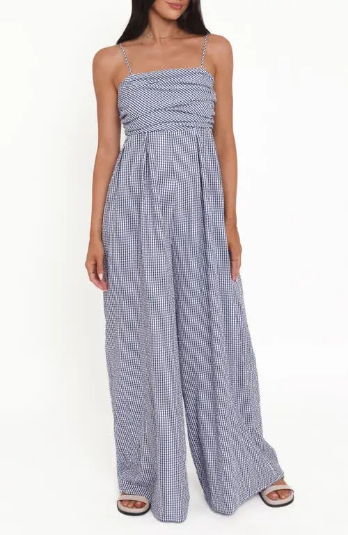 PETAL & PUP Priscilla Gingham Flowy Wide Leg Cotton Jumpsuit - Blue Gingham