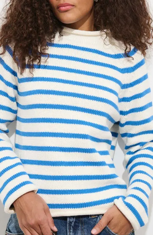 ALEX MILL Eastport Stripe Roll Neck Sweater - Sea Salt/ultramarine